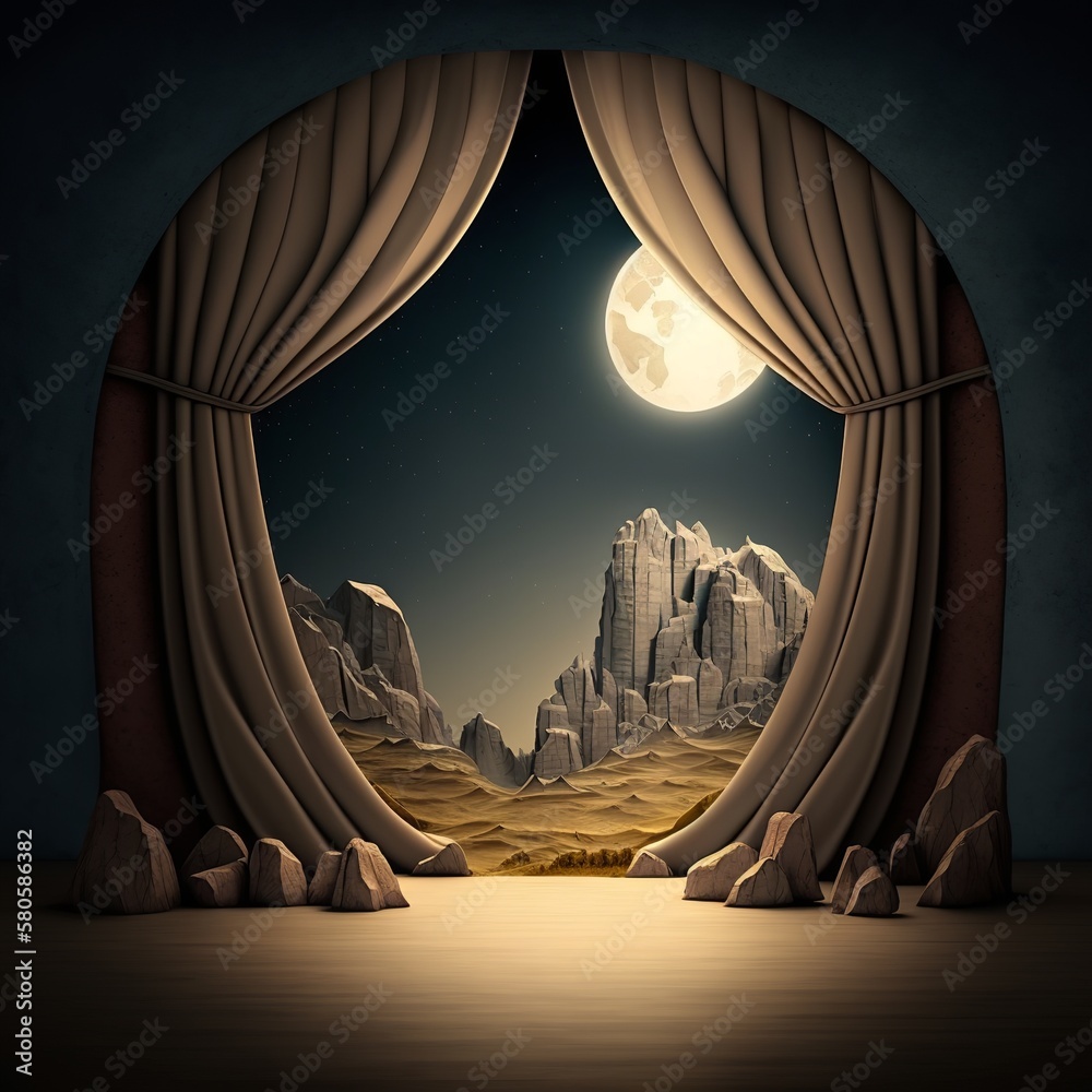 stage scenery simple design realistic picture desert rocky with moon ...