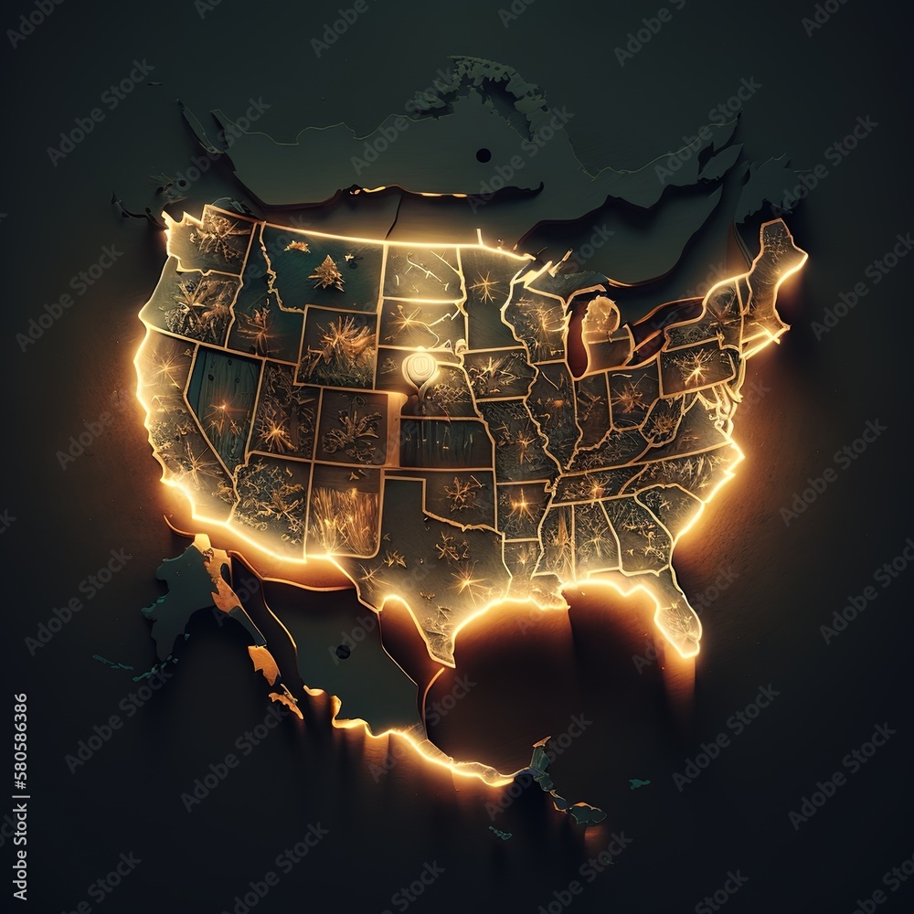 state,map,light glow counties part of the country with black background ...