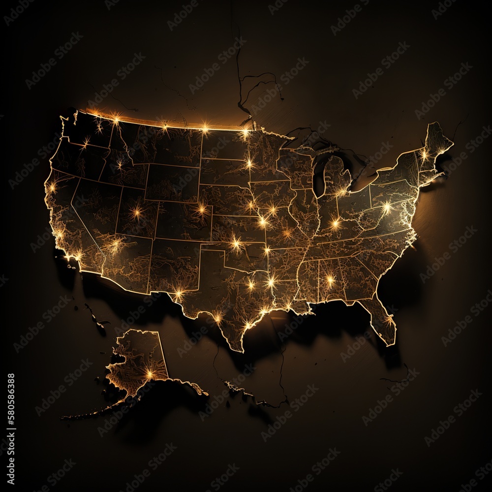 state,map,light glow counties part of the country with black background ...