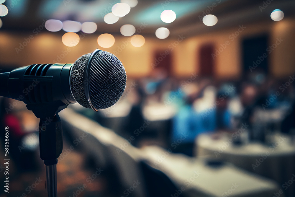 Microphone on stage in concert hall or conference room with attendee ...