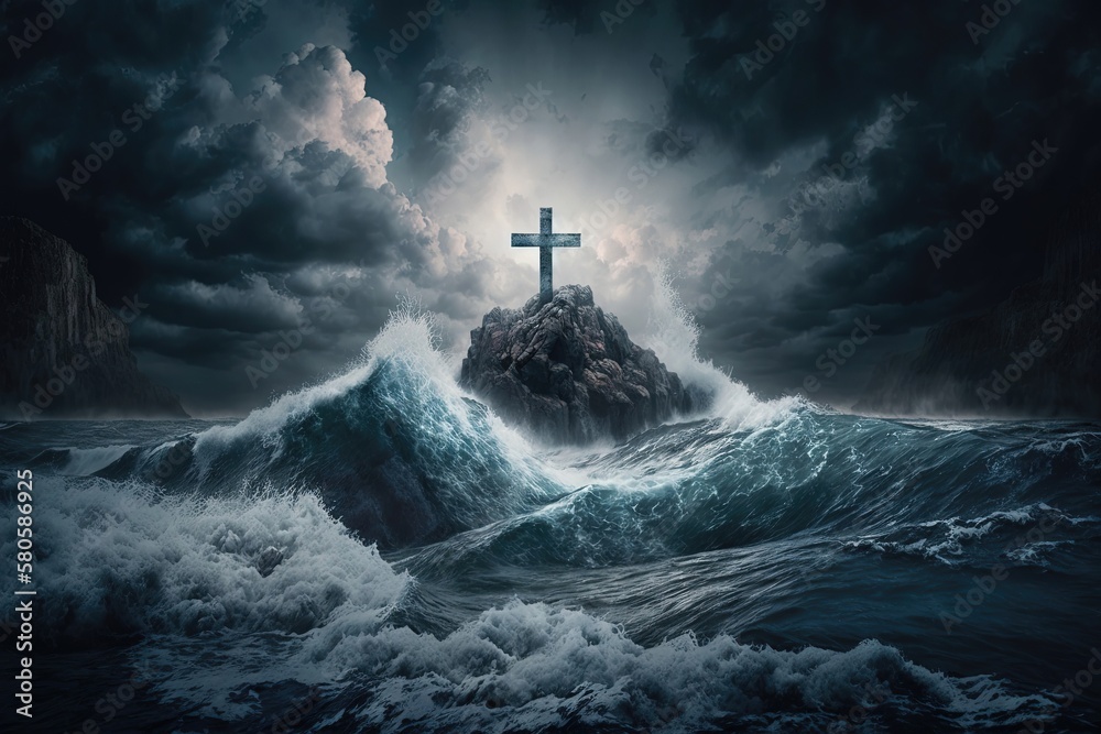 Cross on a rock in the middle of the ocean. Spiritual and religious ...