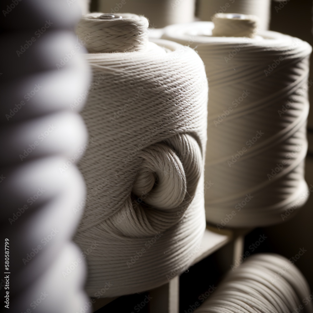 textile industry coils with white threads for creating fabrics yarn ...
