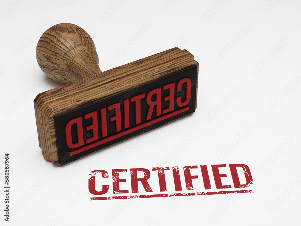 CERTIFIED wooden stamp isolated on white background. 3D illustration ...