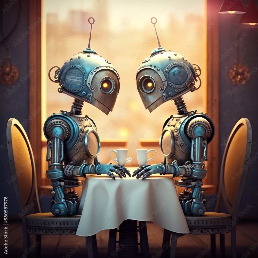 couple of lovers humanoid robots on a romantic date Valentine Day with ...