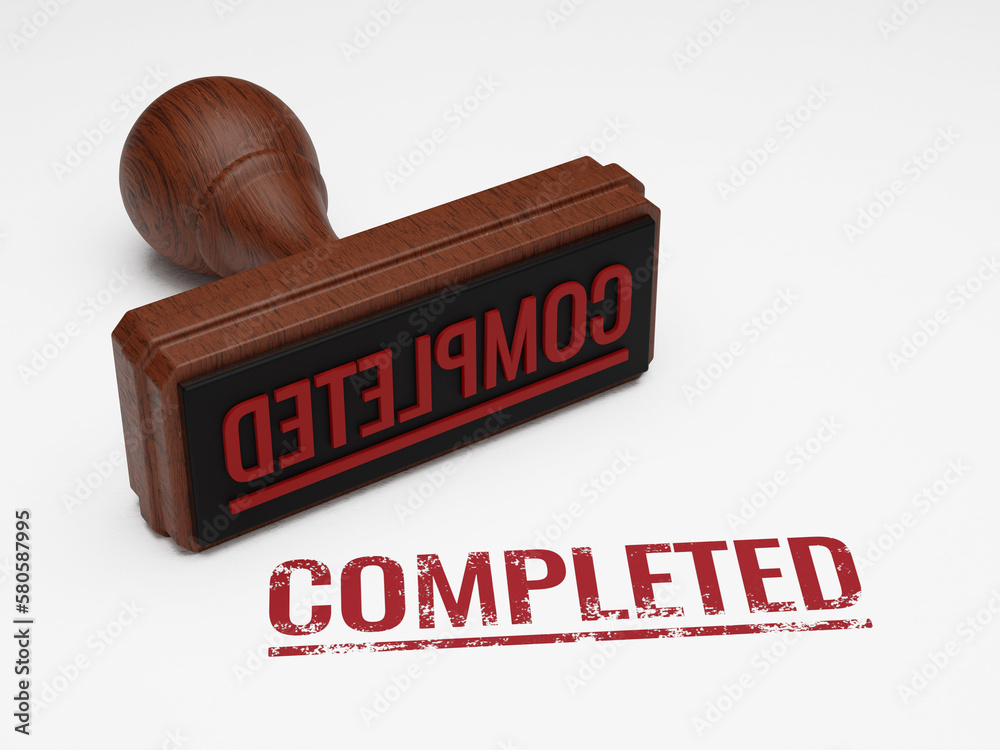 COMPLETED wooden stamp isolated on white background. 3D illustration ...