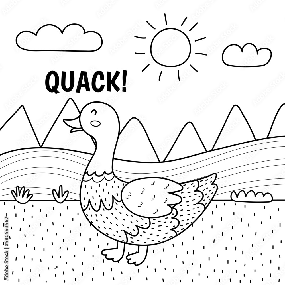 Duck saying quack black and white print. Cute farm character on a green ...