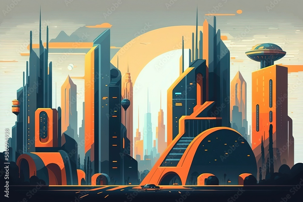 Beautiful cityscape in a flat style. The buildings are arranged in a ...