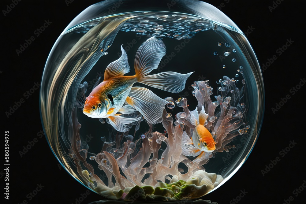 group of goldfish swimming in a clear aquarium filled with water and ...
