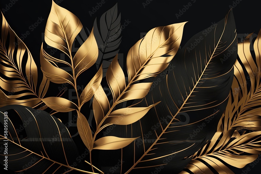 Close-up view of black and gold tropical leaves. The intricate details ...