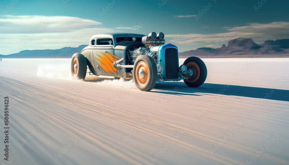 Speeding Hot Rod Racing Across Salt Flats with Blazing Fast High-Speed ...