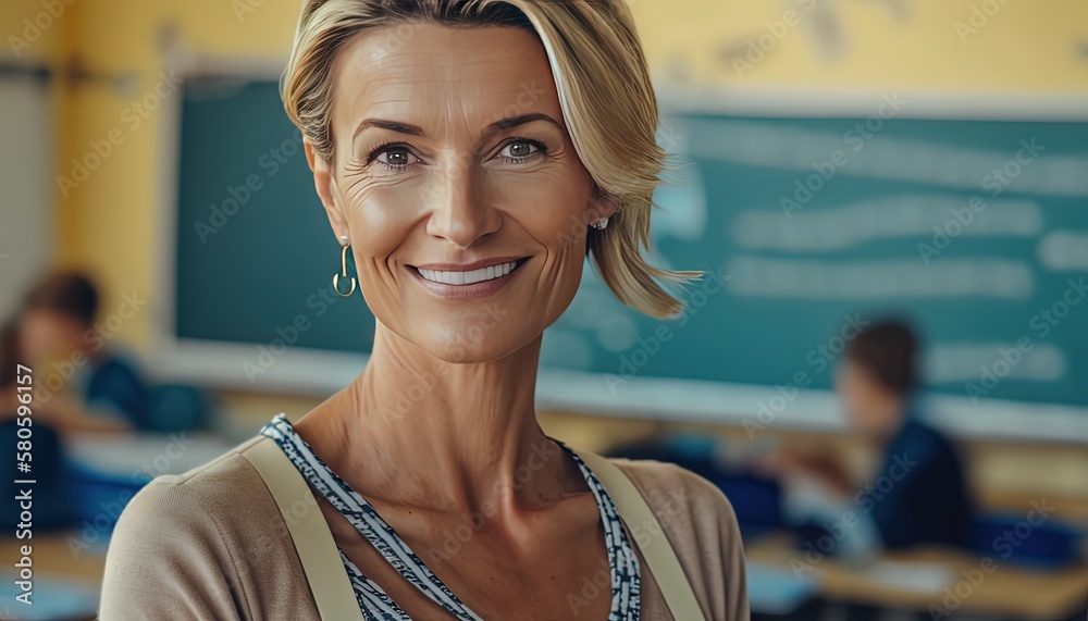 beautiful Caucasian woman teacher smile wildly at classroom, idea for ...