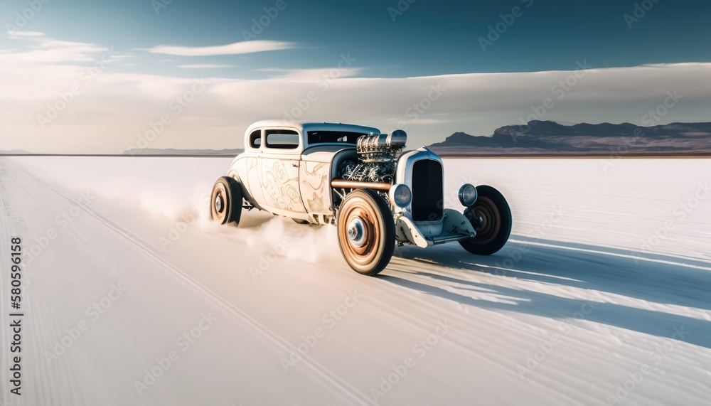 Speeding Hot Rod Racing Across Salt Flats with Blazing Fast High-Speed ...