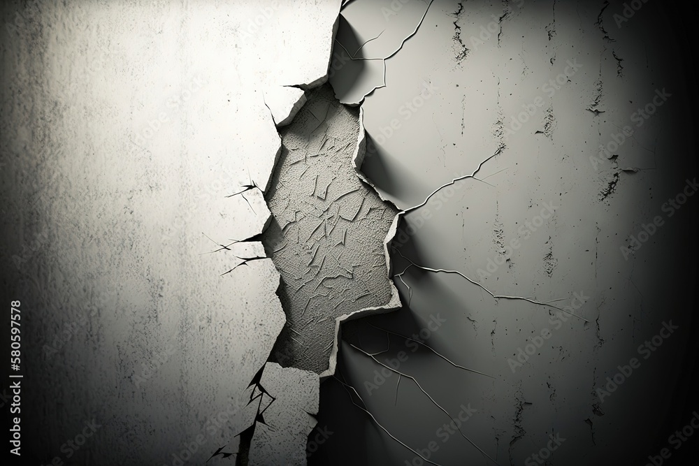 A close-up of a grey wall with a prominent crack running through it ...