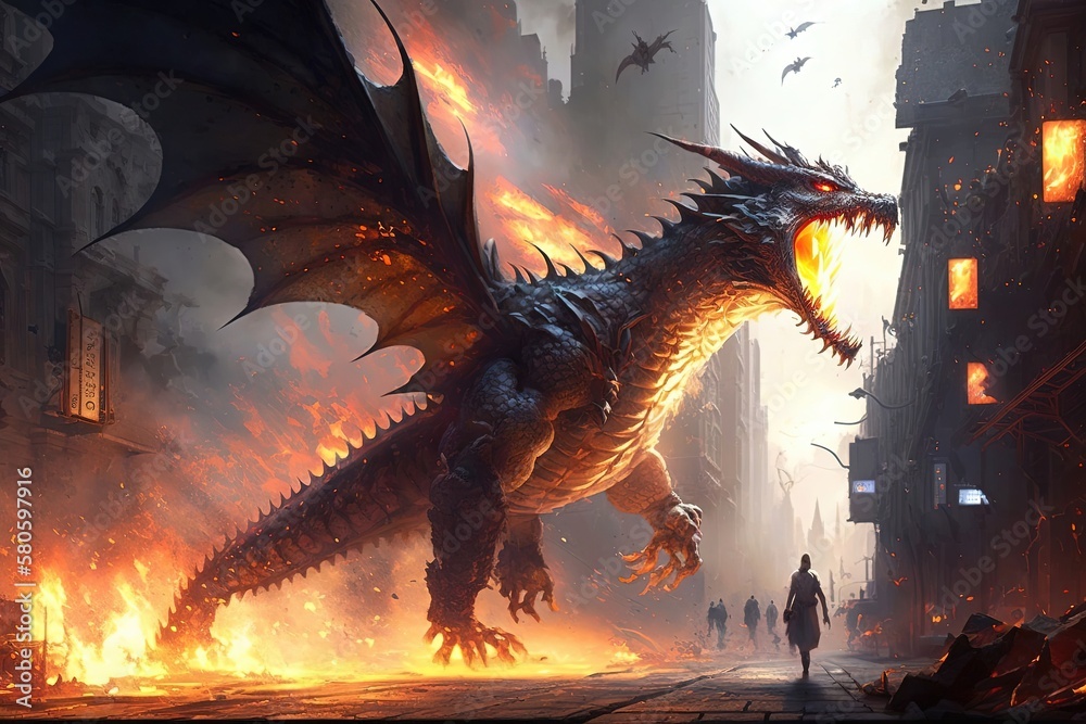 A dragon attacking a city, with its powerful wings and sharp claws ...