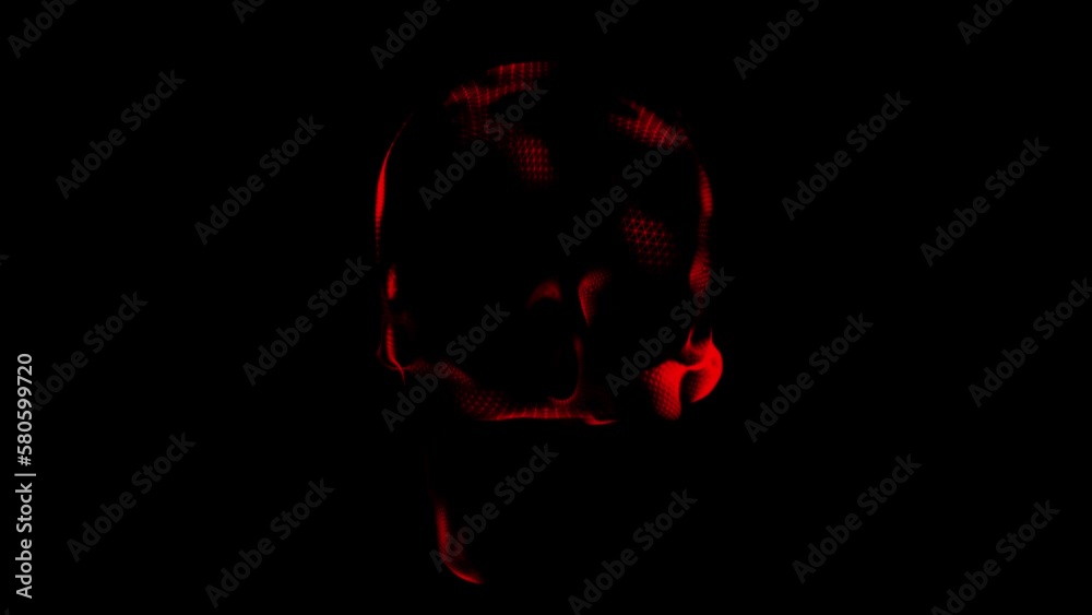 A human skull with red flashes on a black background. Skull scanning. A ...