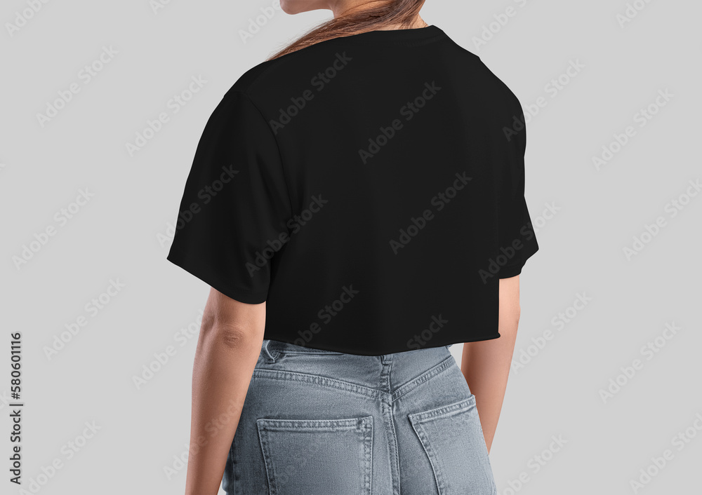 Black crop top mockup on a girl in gray jeans, back view, fashion women ...