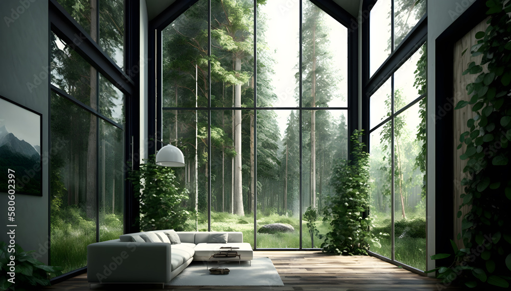glass window wall view nature theme | living room with nature behind ...