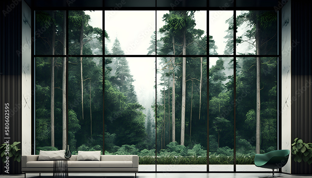 glass window wall view nature theme | living room with nature behind ...