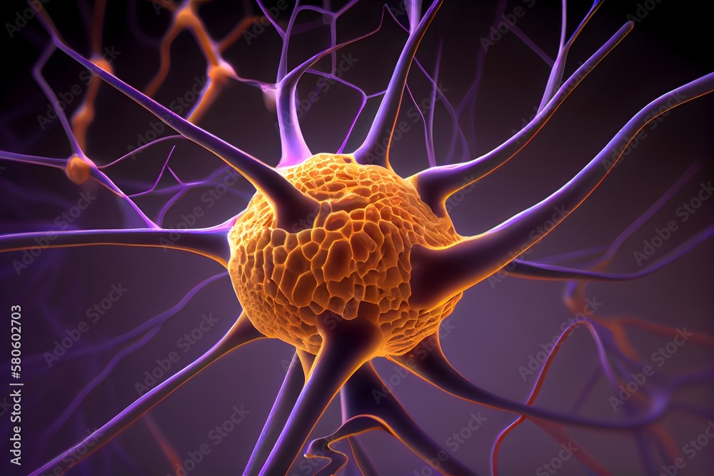 Conceptual illustration of neuron cells with glowing link knots. Blue ...