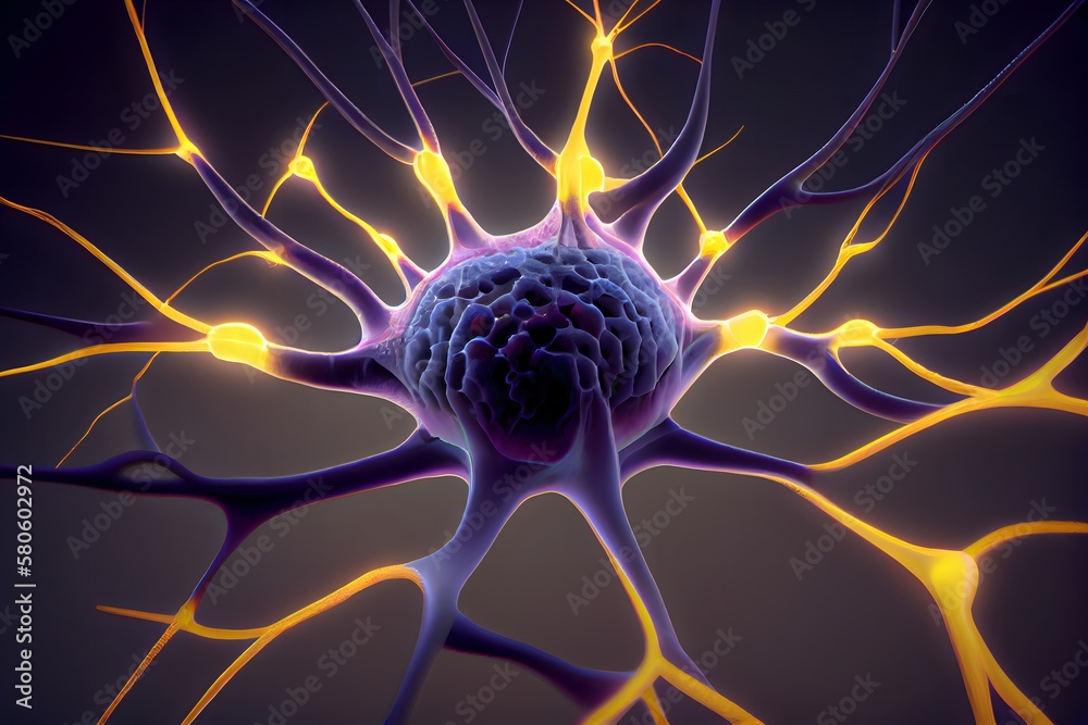 Conceptual illustration of neuron cells with glowing link knots. Blue ...