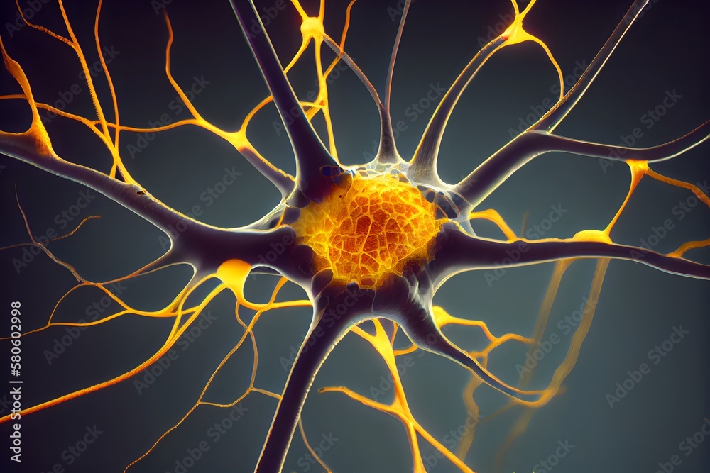 Conceptual illustration of neuron cells with glowing link knots. Blue ...
