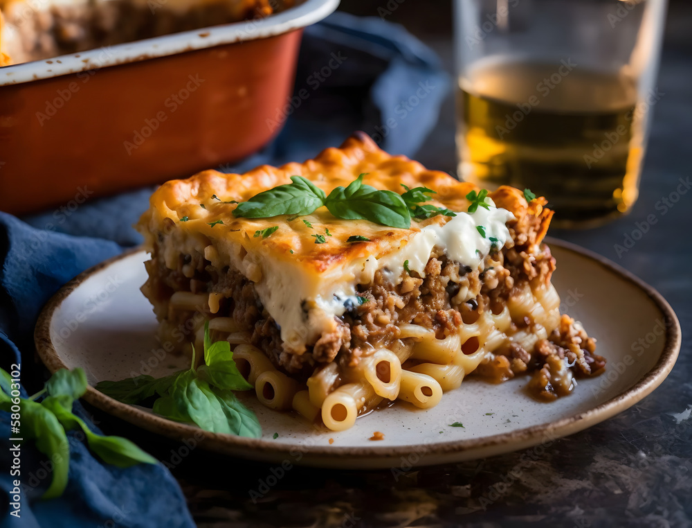 Pastitsio is a classic Greek dish. Served in a deep casserole dish, the ...