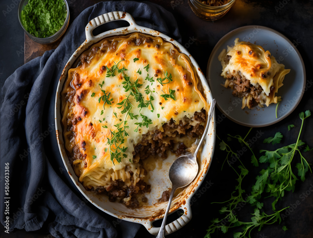 Pastitsio is a classic Greek dish. Served in a deep casserole dish, the ...