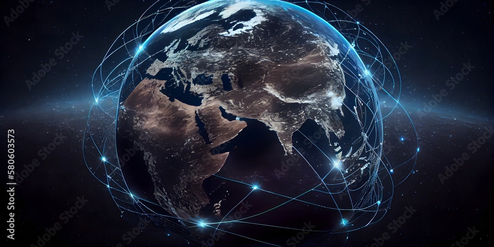 ภาพประกอบสต็อก Network connected across planet Earth , view from space ...