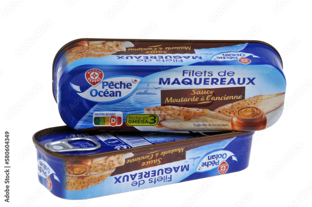 Boîtes de conserve de filets de maquereaux à la sauce moutarde à l ...