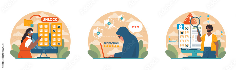 Vektorová grafika „Ethical hacker set. Character conducting a security ...