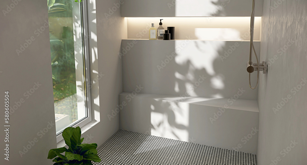 Concrete shower bench in modern, luxury beige gray bathroom, recessed ...