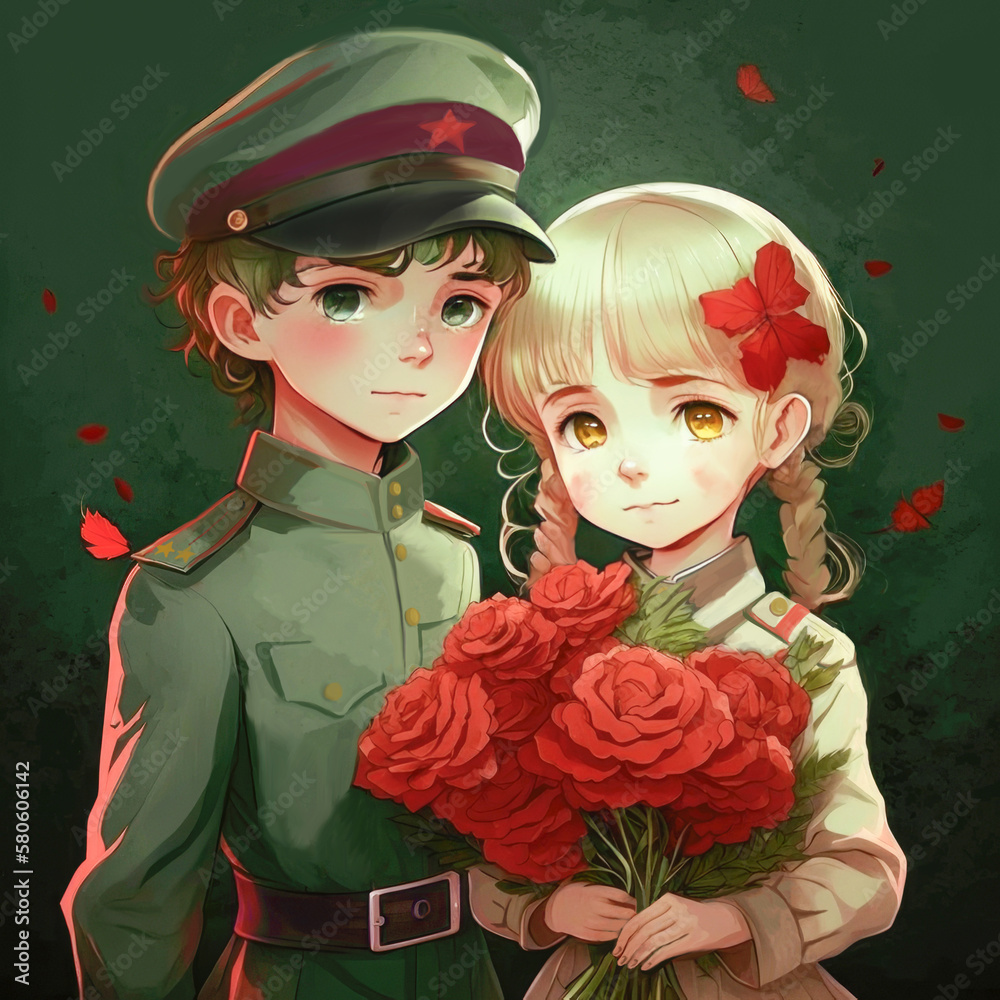 Boy and girl in WWII military uniform with flowers, Victory Day ...