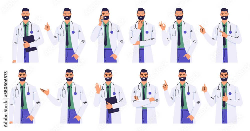 Portrait of a doctor with different poses and gestures. Man showing ...