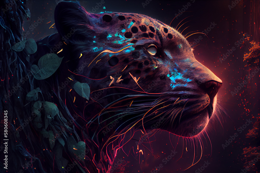 Glowing futuristic leopard closeup stands in the forest Stock ...