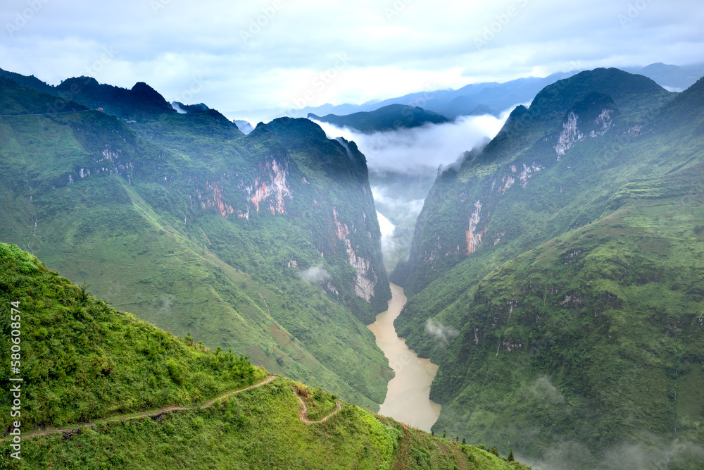 The panoramic view of Nho Que river flowing from China through the ...