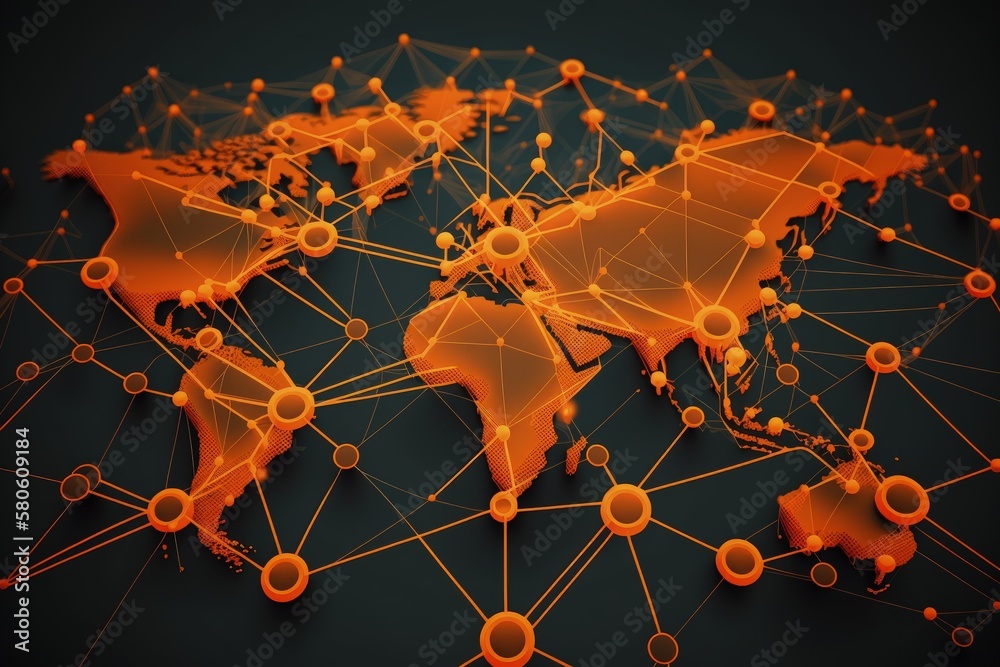 Global map illustration with network contacts, orange background ...