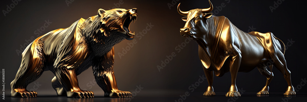 Golden bull and bear market statues with dark background and copy area ...