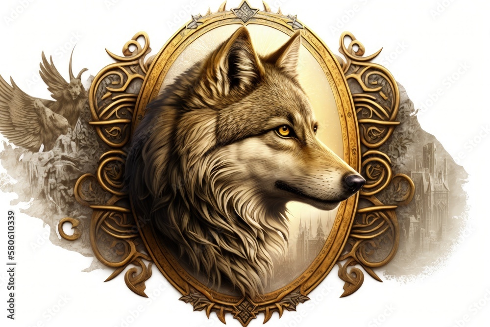 Golden wolf emblem illustration, white background. Generative AI Stock ...