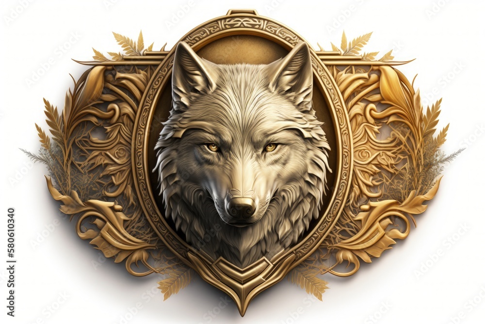Golden wolf emblem illustration, white background. Generative AI Stock ...