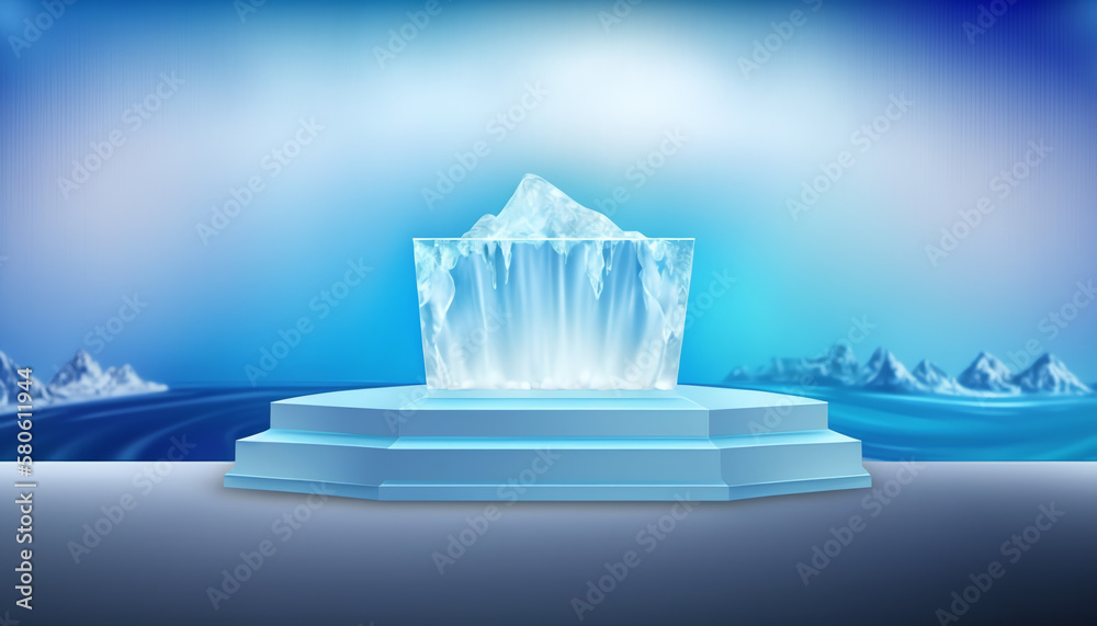 Cool ice show podium stage blue 3d background with winter iceberg ...