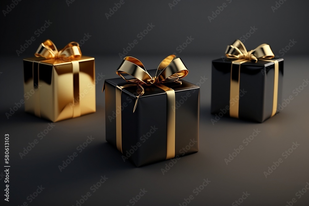 Luxury gift wrapping: Black and gold packages on banner - Generative ai ...