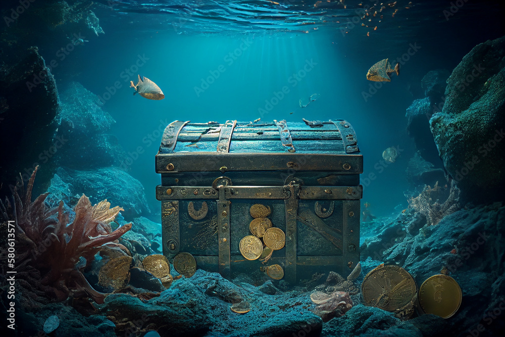 Chest with gold coins at the bottom of the sea. AI generated. Stock ...
