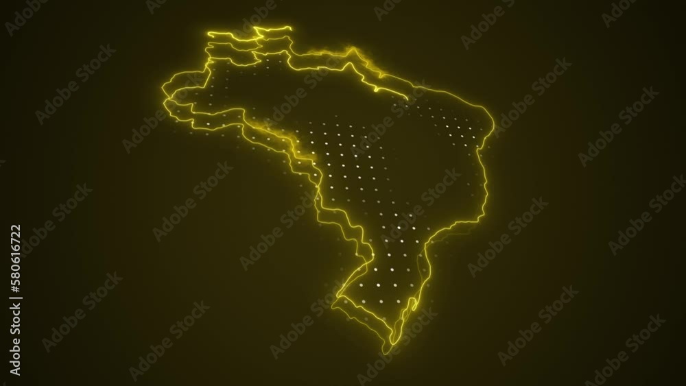 3D Neon Yellow Brazil Map Borders Outline Loop Background. Neon Yellow ...