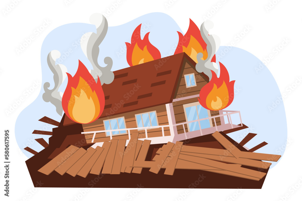 Destroyed house on fire, burning house on fire and smoke. Hurricane ...