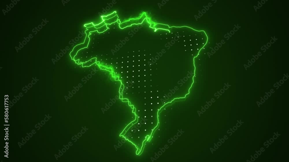 3D Moving Neon Green Brazil Map Borders Outline Loop Background. Neon ...