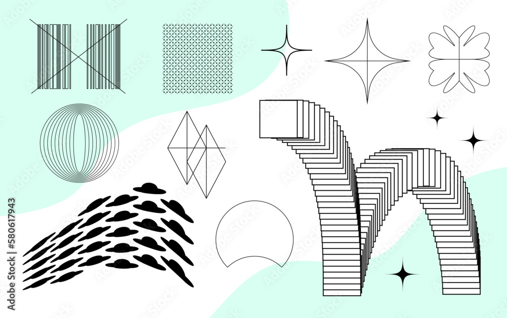 Universal trendy Y2K abstract geometric shapes. Set with random ...