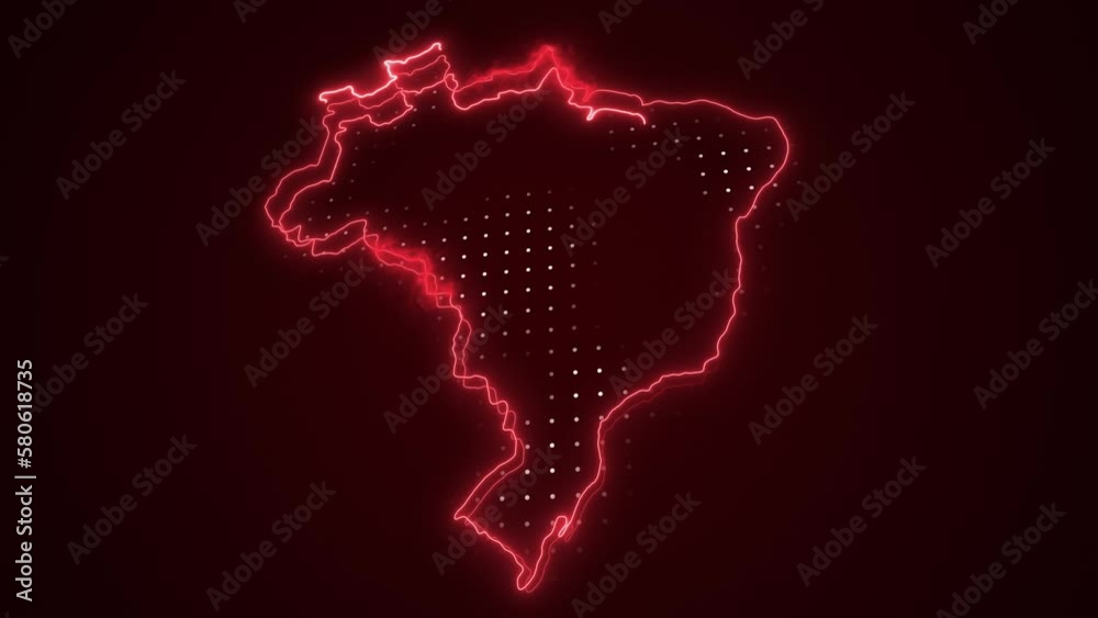 3D Moving Neon Red Brazil Map Borders Outline Loop Background. Neon Red ...
