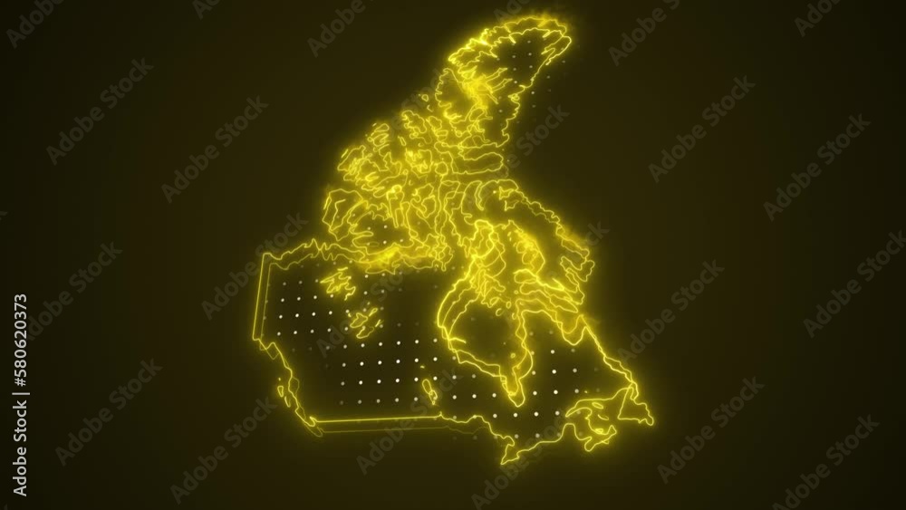 3D Moving Neon Yellow Canada Map Borders Outline Loop Background. Neon ...