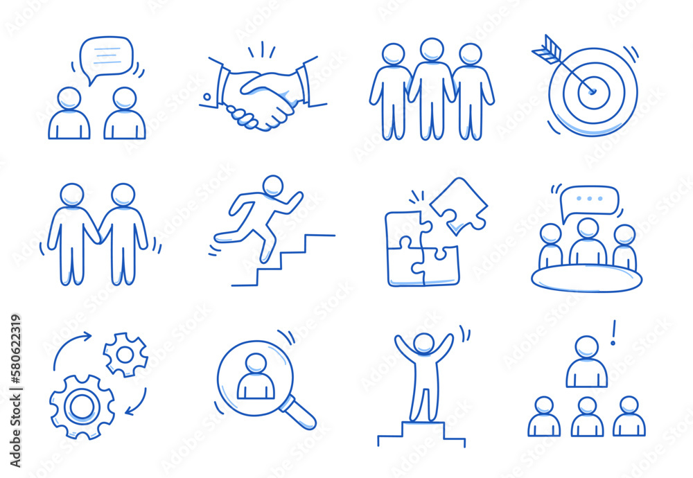 Doodle business team icon set. Doodle teamwork people community, office ...