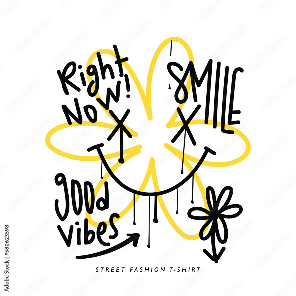 Smiling emoji face drawing. Groovy 70s style slogan text and yellow ...